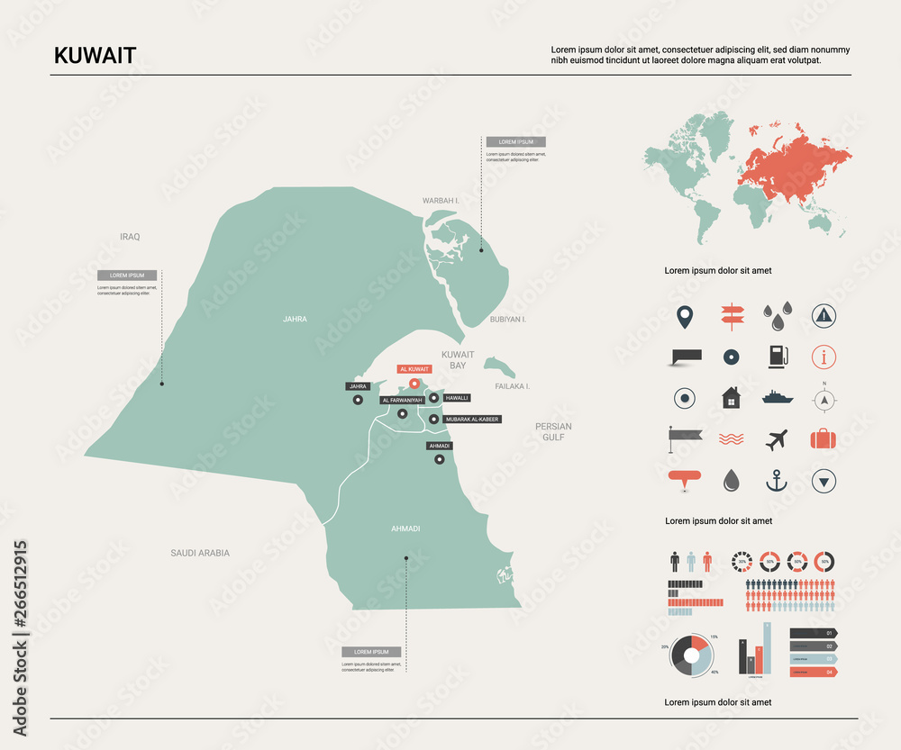 Vector map of Kuwait. High detailed country map with division, cities ...