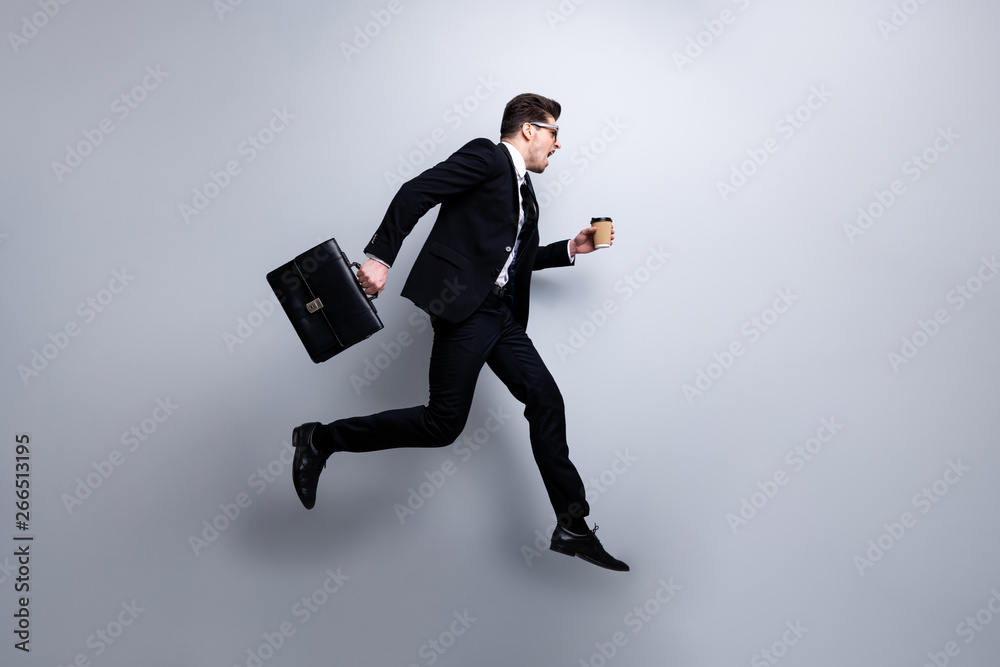Full length body size profile side view portrait of nice classy ...