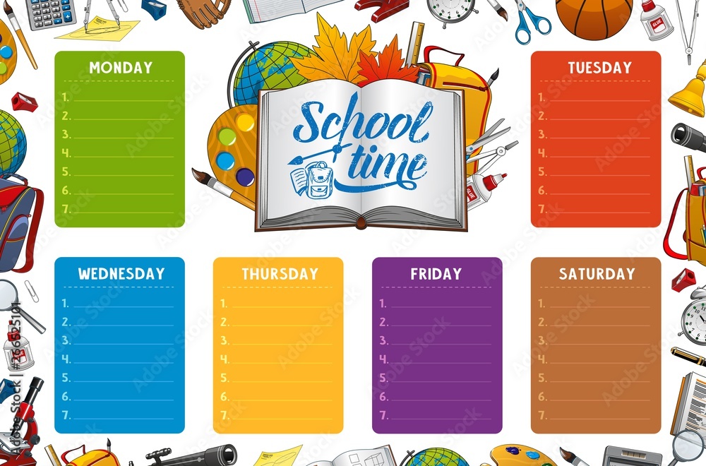 School timetable week schedule, color notes Stock Vector | Adobe Stock