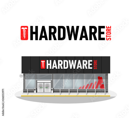 Vector illustration of hardware store building. Hardware logo ...