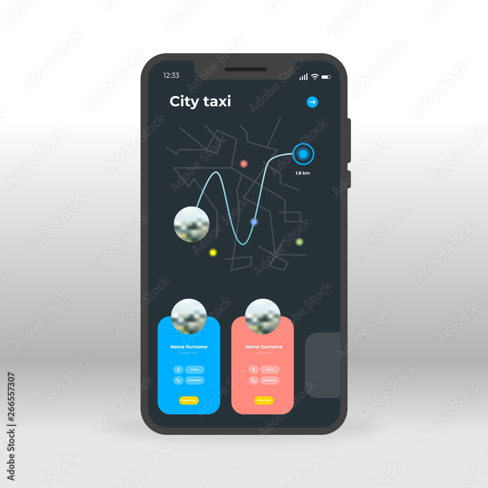 Online Taxi service with red and blue colors UI, UX, GUI screen for mobile apps design. Modern ...