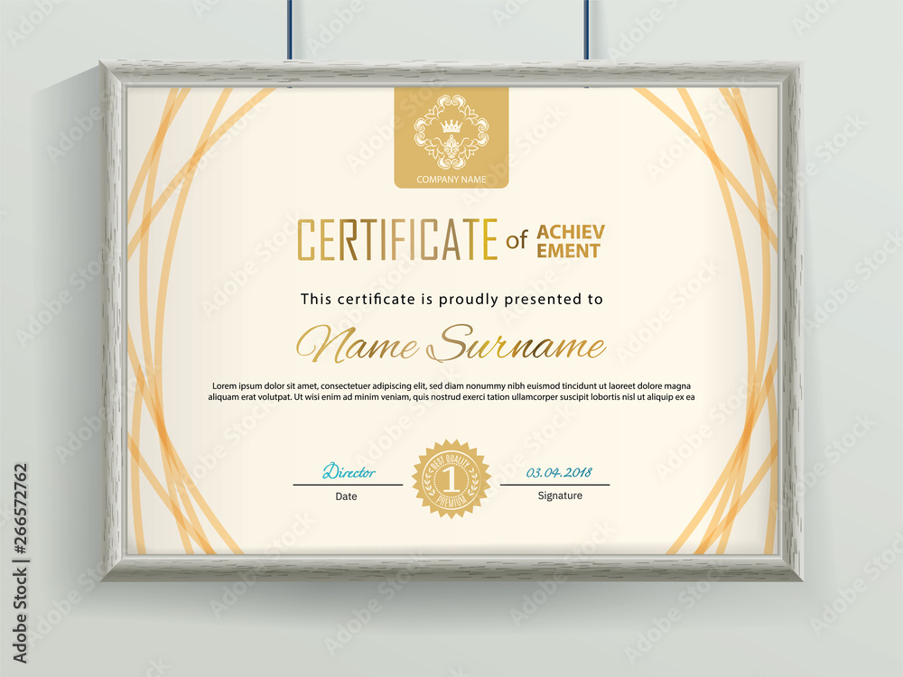 Official vector certificate with beige flat design elements and ...