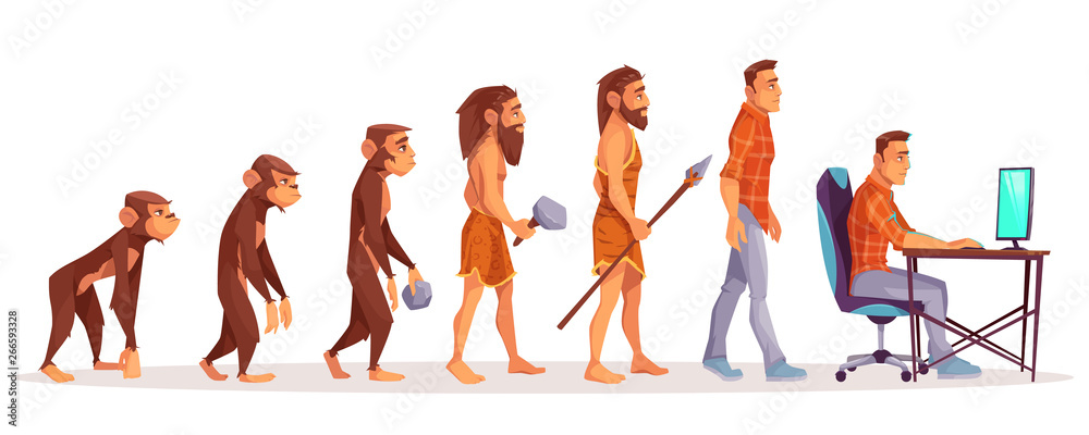 Human evolution of monkey to modern man programmer, computer user isolated on white background ...