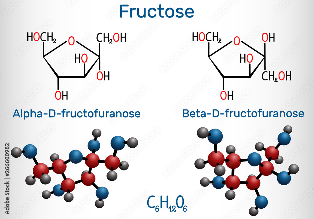 Fructose, alpha-D-fructofuranose, beta-D-fructofuranose molecule ...
