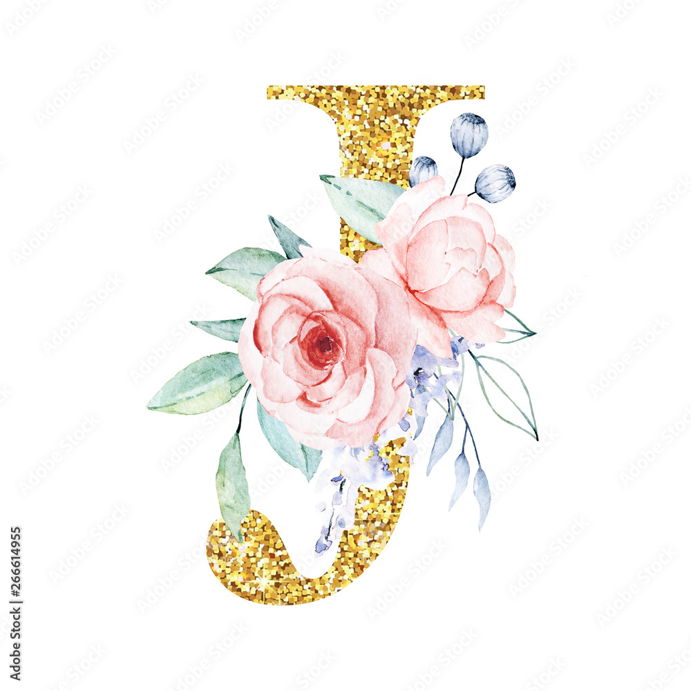 Floral alphabet, letter J with watercolor flowers and leaf. Gold ...