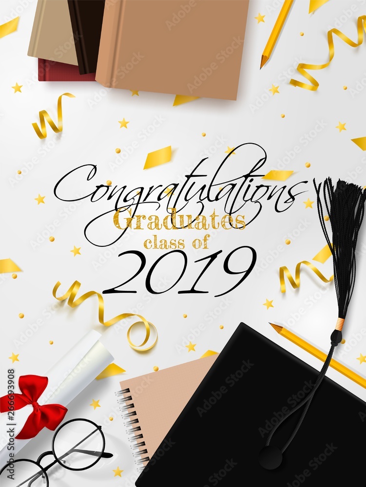 Graduation vector banner. Background Congrats graduates with objects ...