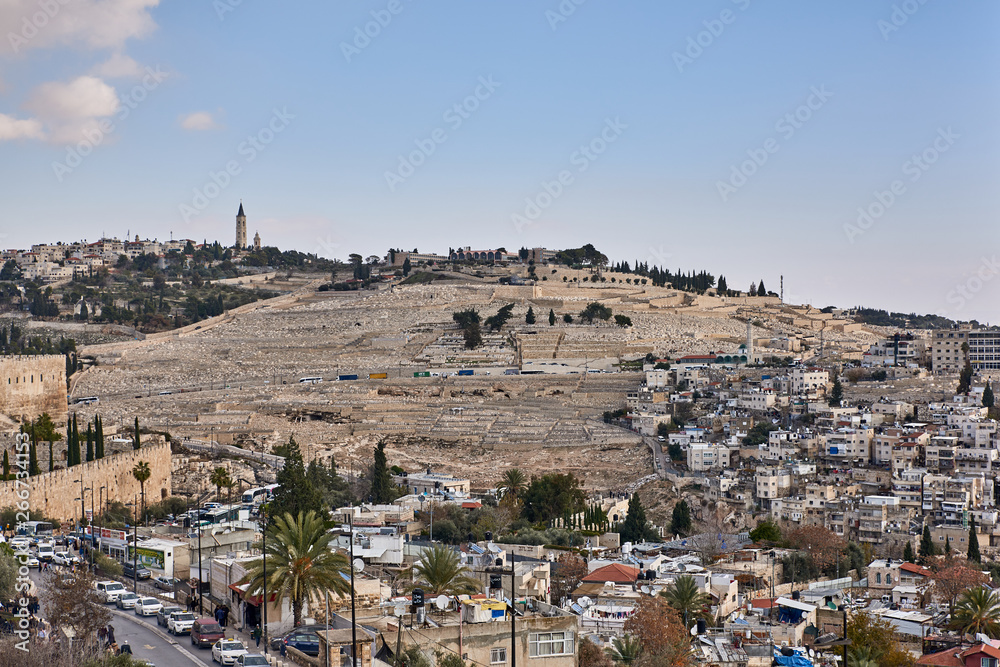 Israel. Jerusalem. The southern wall of the Old Town. View of the Mount ...
