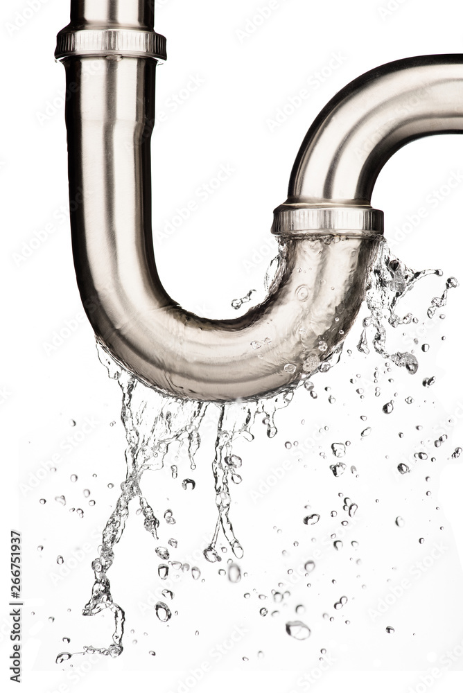 Leaking of water from stainless steel sink pipe on isolated on white ...