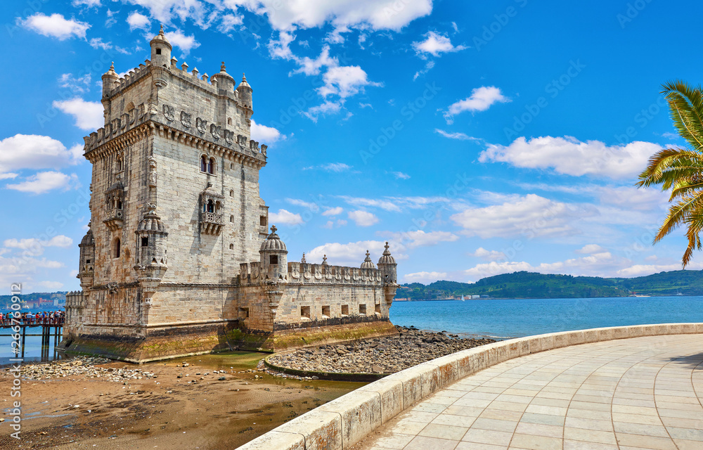 Lisbon, Portugal. Tower Belem at coast of river Tagus. Stones and ...