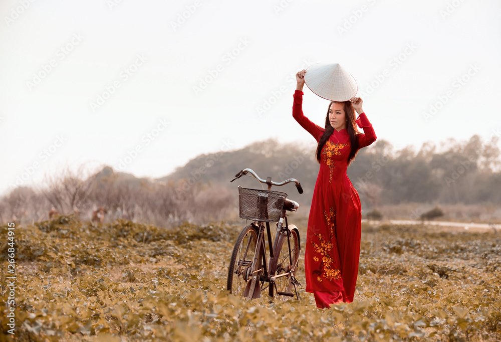 Vietnamese Beautiful woman with traditional dress (ao dai) and conical hat in Ho Chi Minh ...