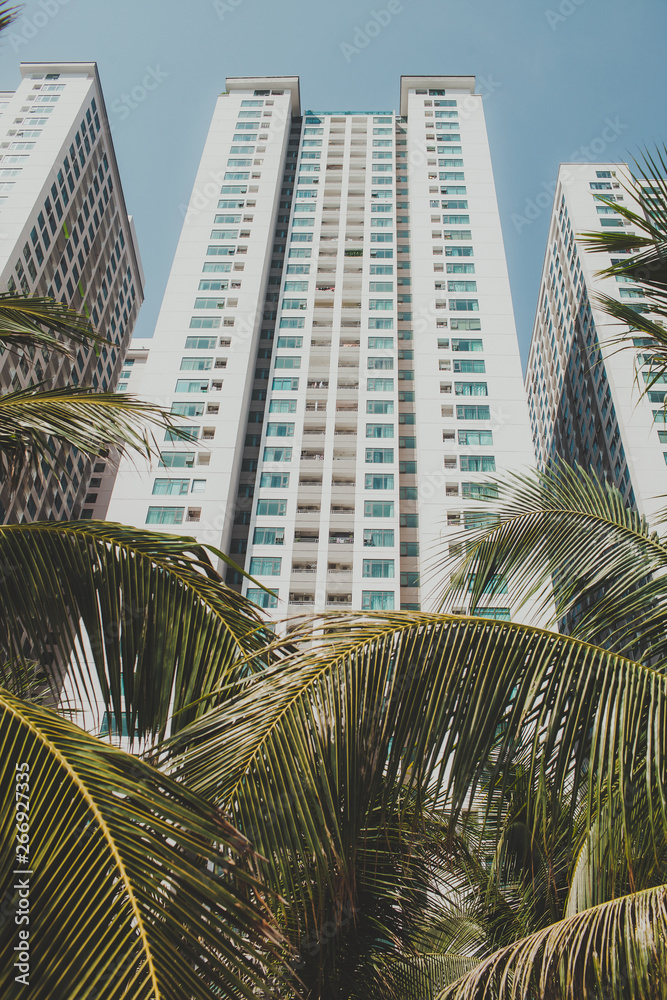 large tall white skyscrapers with the blue windows on a blue sky ...