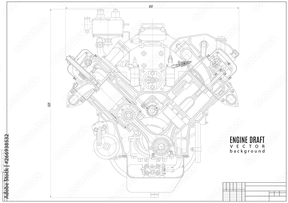 technical drawing engine, construction project or plan with horizontal ...