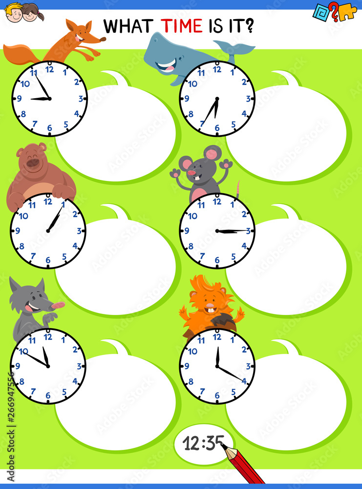 telling time educational activity with animals Stock Vector | Adobe Stock