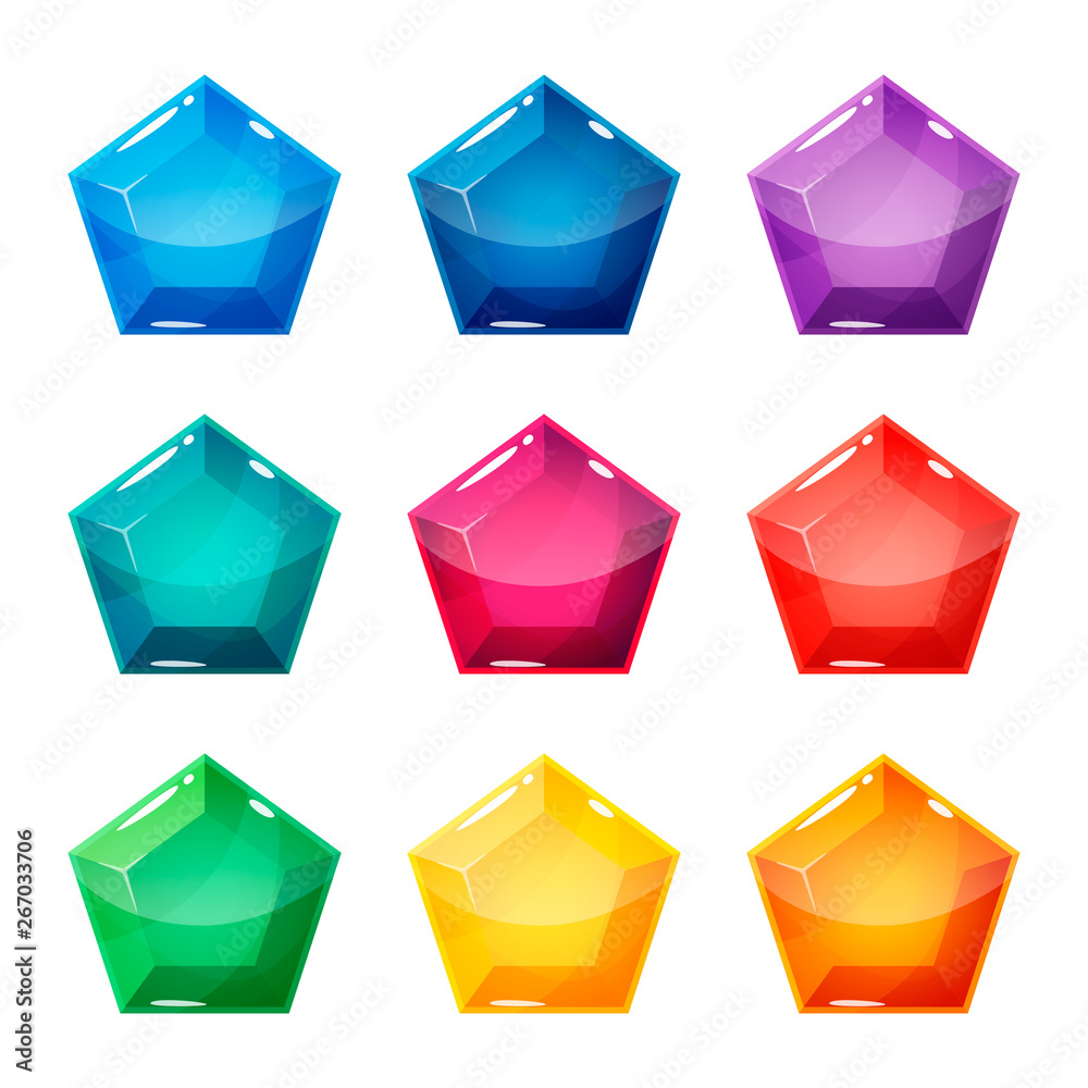 Set of nine different colored crystals, gemstones, gems, diamonds ...