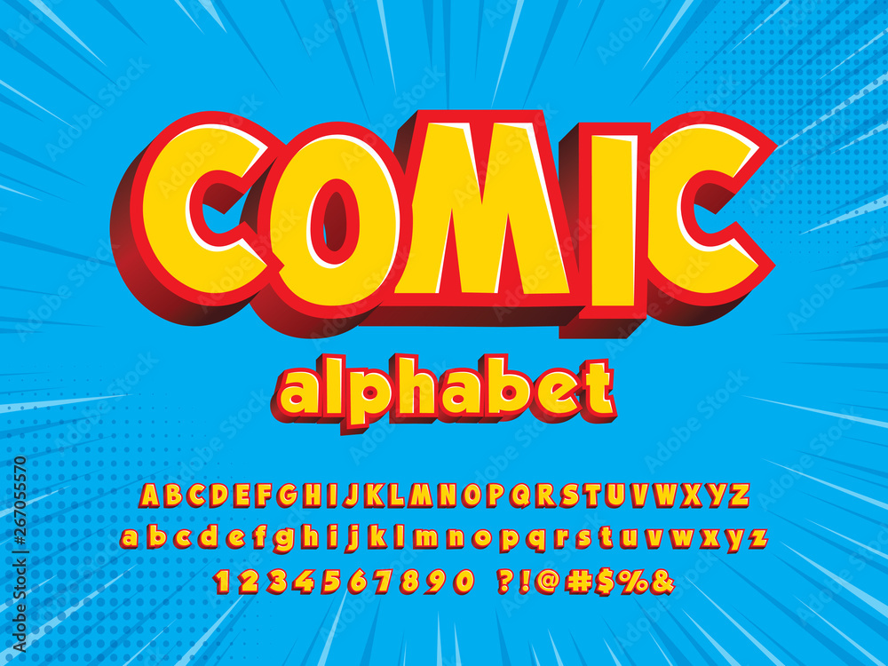 Comic style alphabet design with uppercase, lowercase, numbers and ...