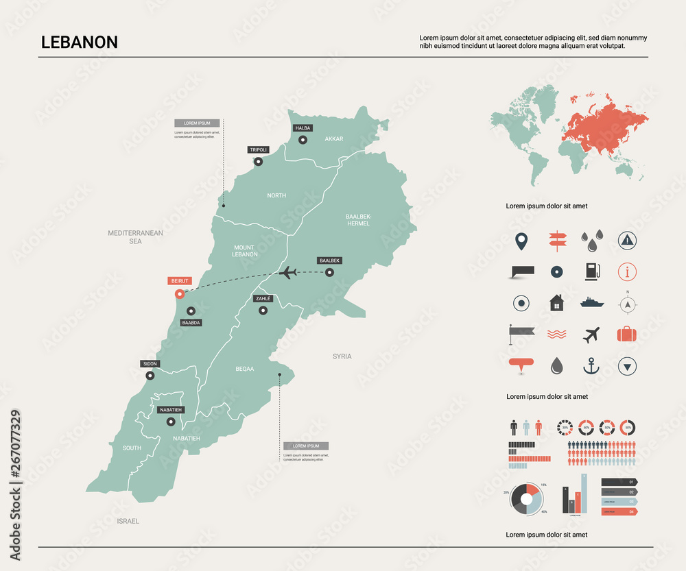 Vector map of Lebanon. High detailed country map with division, cities ...
