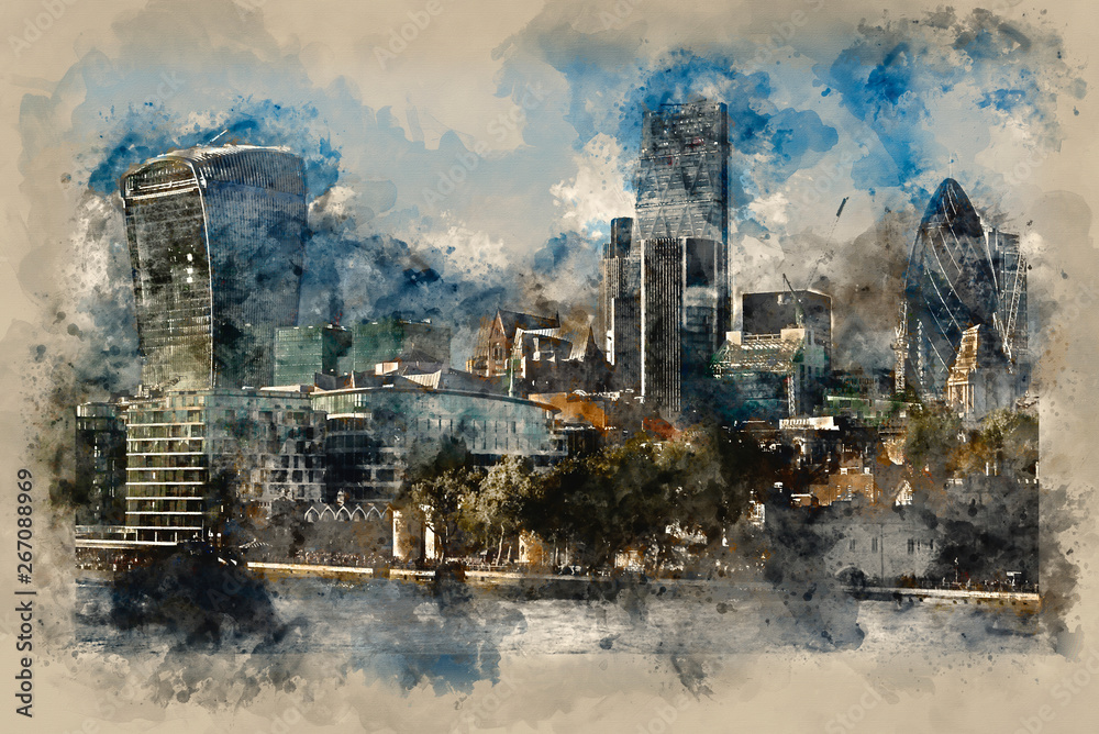 Watercolour painting of Landscape of City of London Iconic Landmark ...