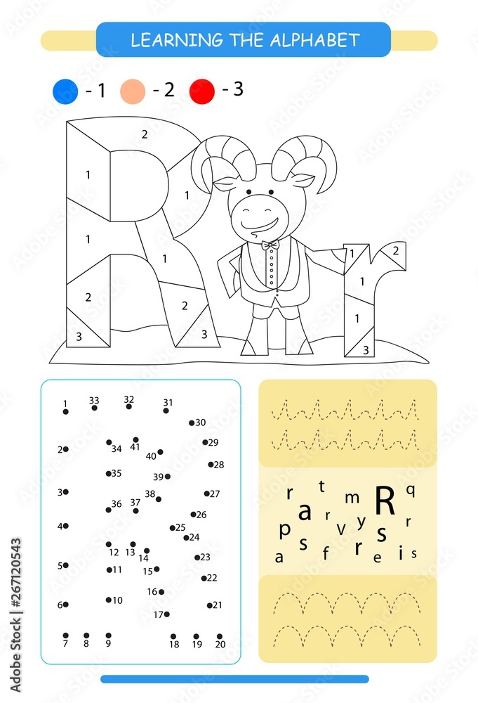 Letter R and funny cartoon ram. Animals alphabet a-z. Coloring page ...