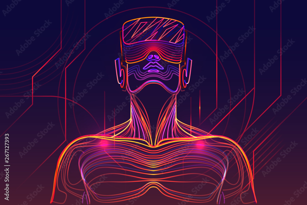 Person wearing virtual reality glasses. Abstract vr world with glowing ...