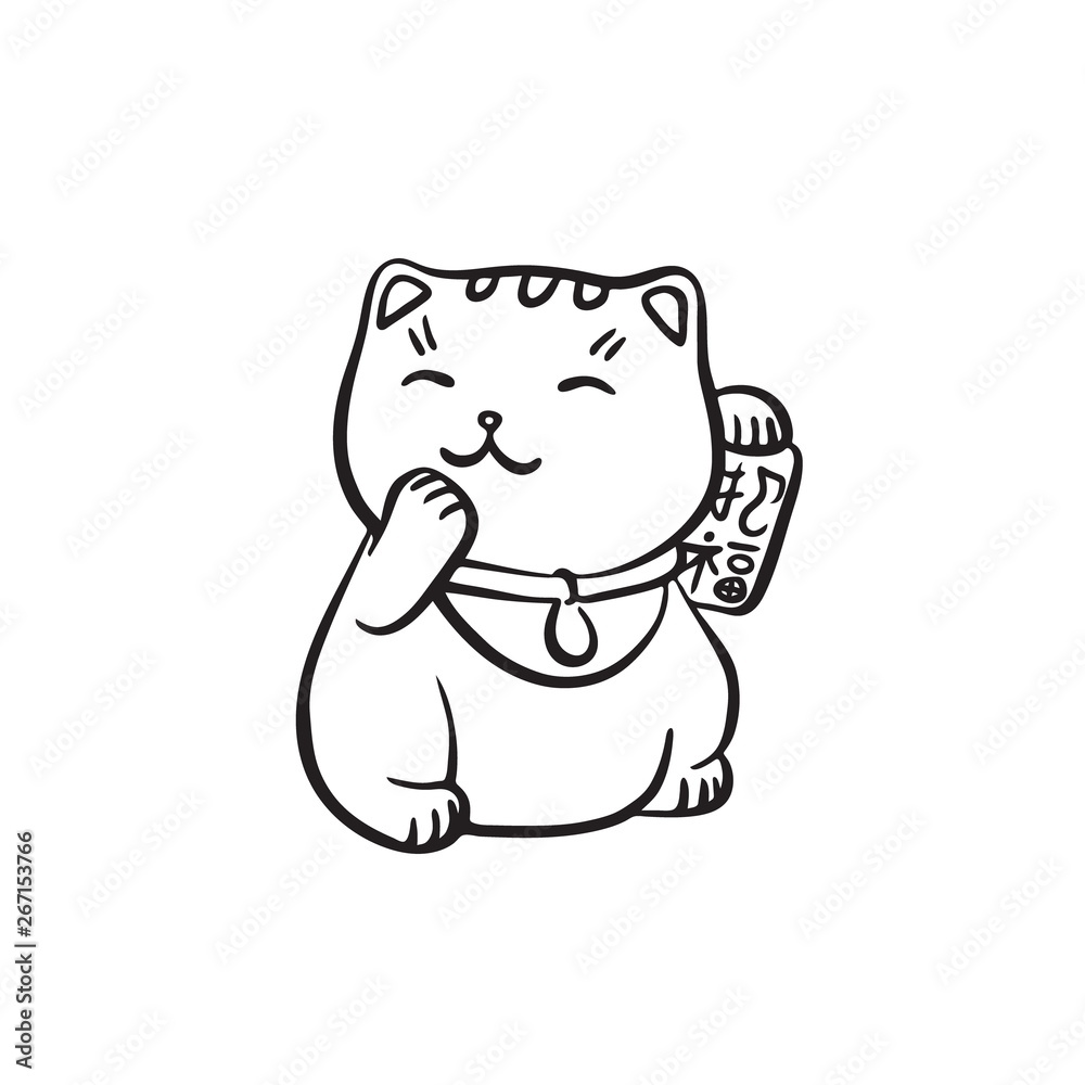Hand drawn maneki neko lucky cat. Vector black ink drawing isolated on ...