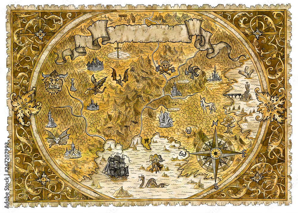 Old pirate map of fantasy world with dragons Stock Illustration | Adobe ...