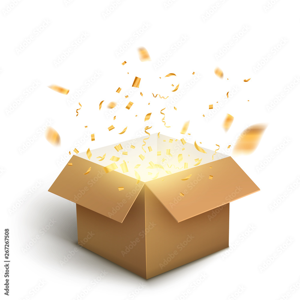 White gift box confetti explosion. Magic open surprise gift box package ...