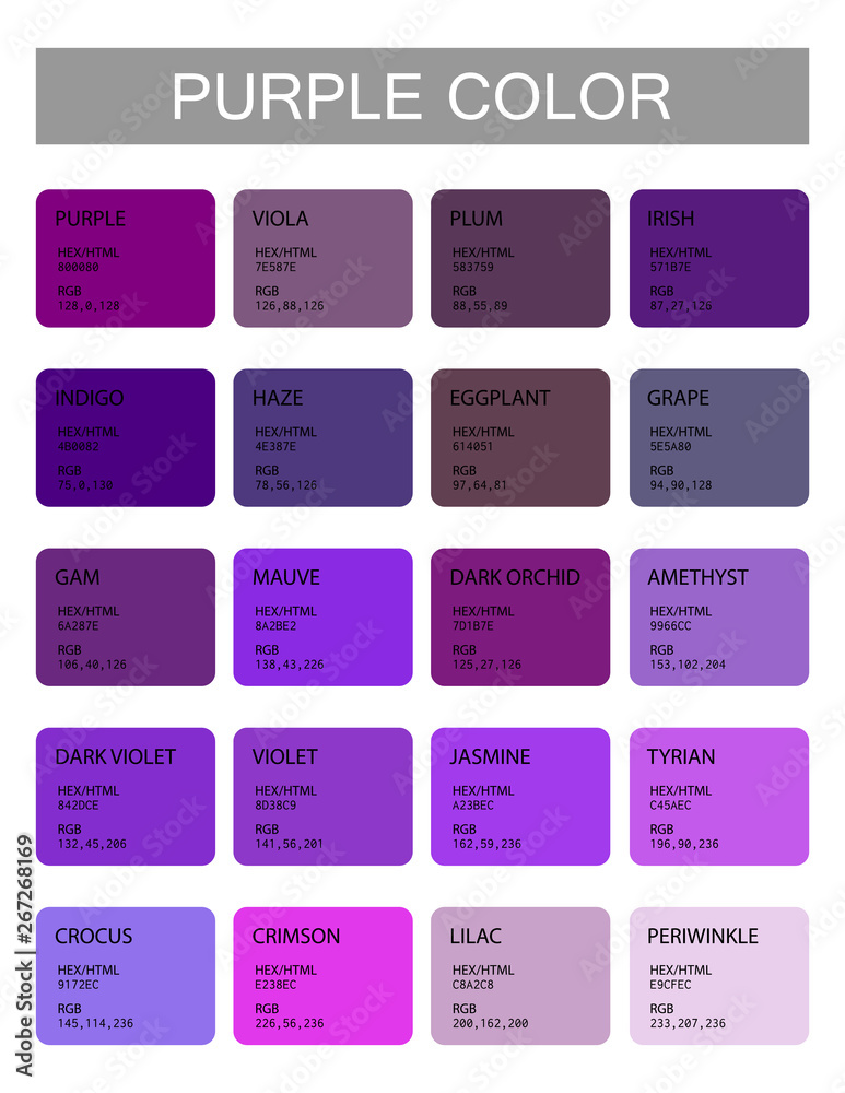 Purple. Color codes and names. Selection of colors for design, interior ...