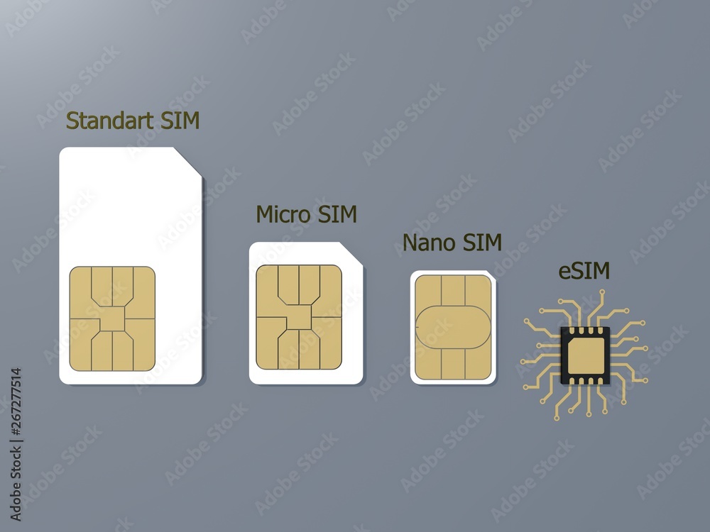 Evolution of SIM cards. eSIM Embedded SIM card. New chip mobile cellular communication ...