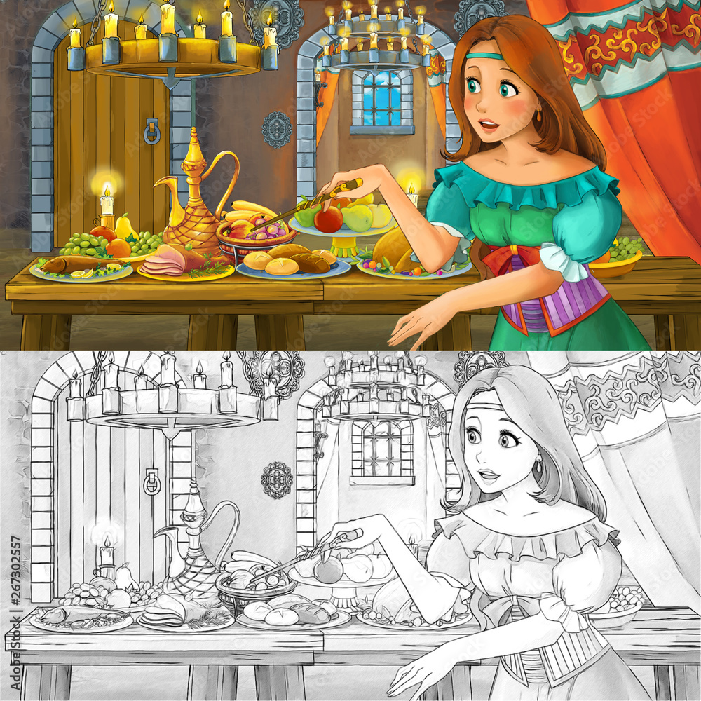 Cartoon fairy tale scene with princess by the table full of food with ...