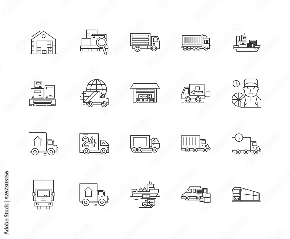 Freight transportation line icons, linear signs, vector set, outline ...