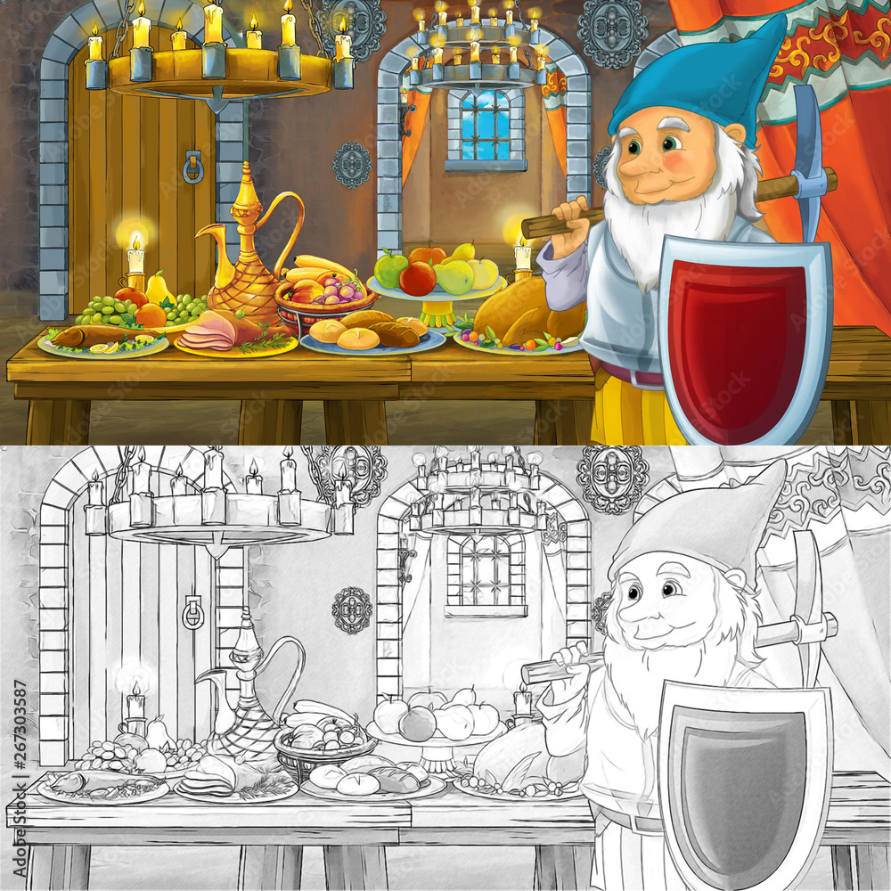 Cartoon fairy tale scene with dwarf prince by the table full of food ...