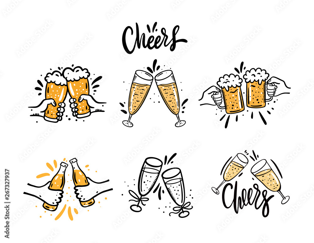 Cheers with beer glasses. Hand drawn vector illustration set. Cartoon ...