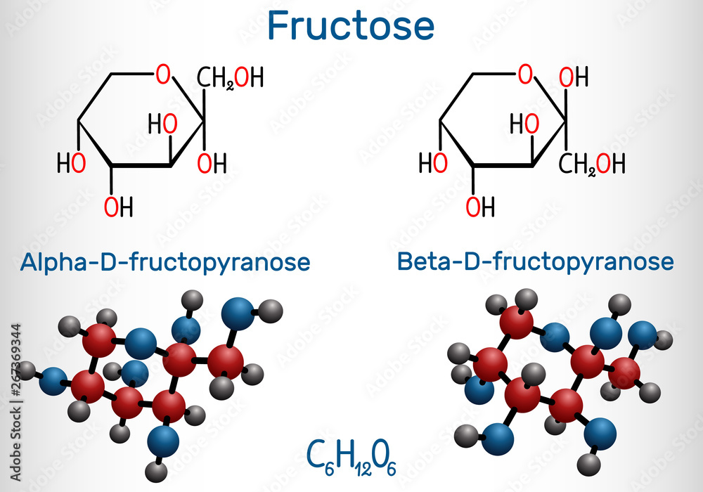 Fructose, alpha-D-fructopyranose, beta-D-fructopyranose molecule ...
