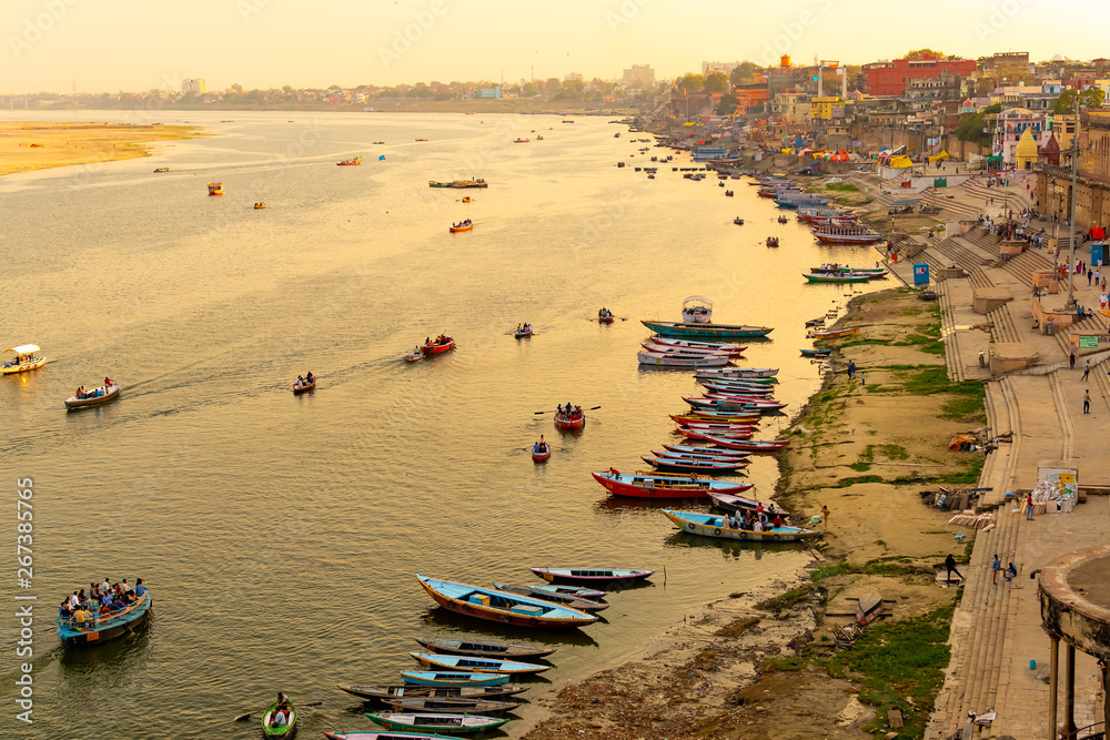 Varanasi Ganges river ghat with ancient city architecture as viewed ...