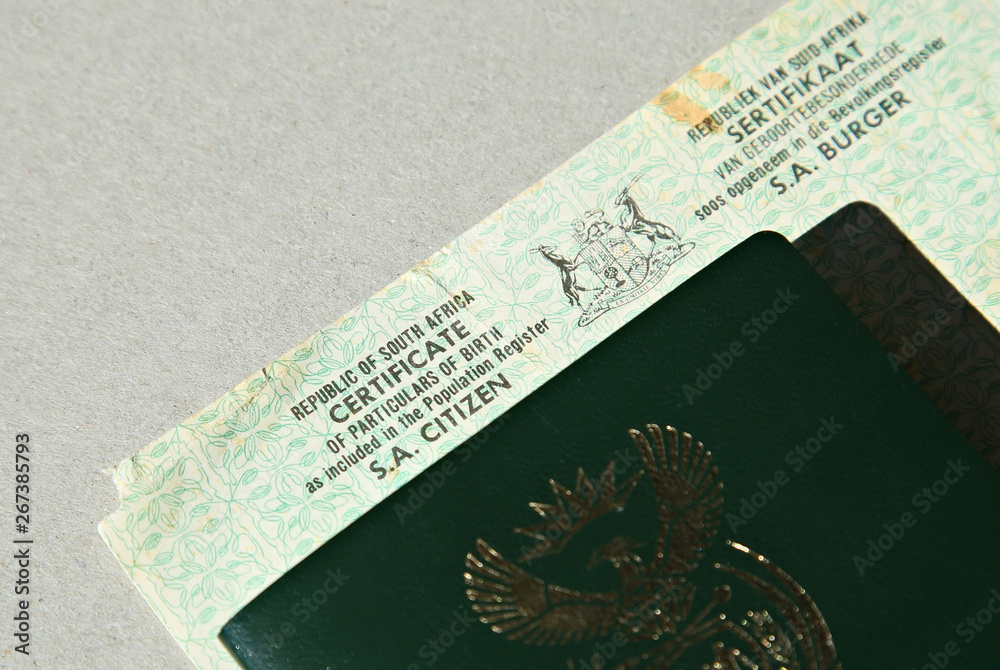 A South African birth certificate and Identity document. Home affairs ...