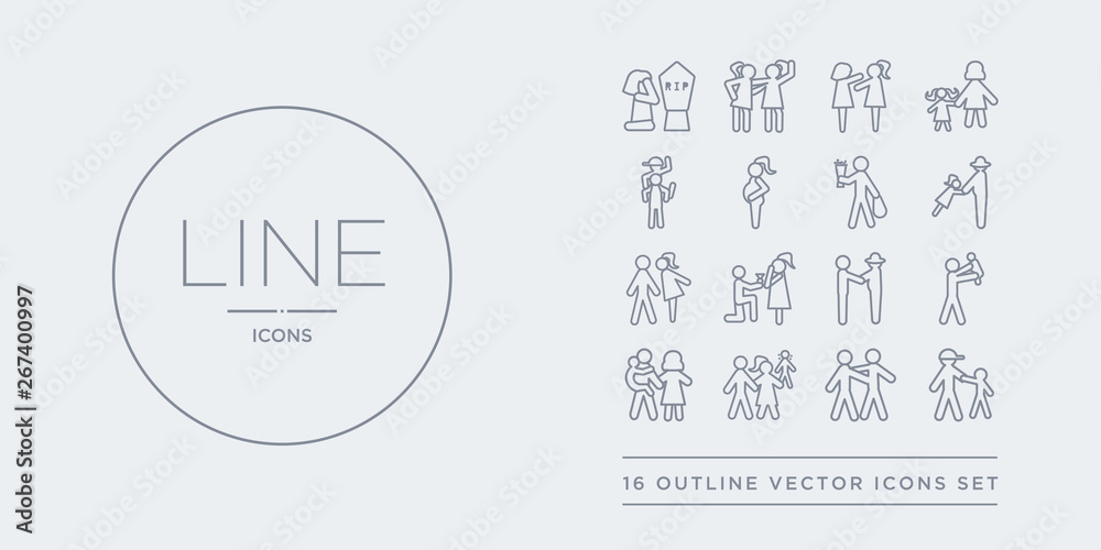 16 line vector icons set such as brother, cousin, ex-husband, family ...