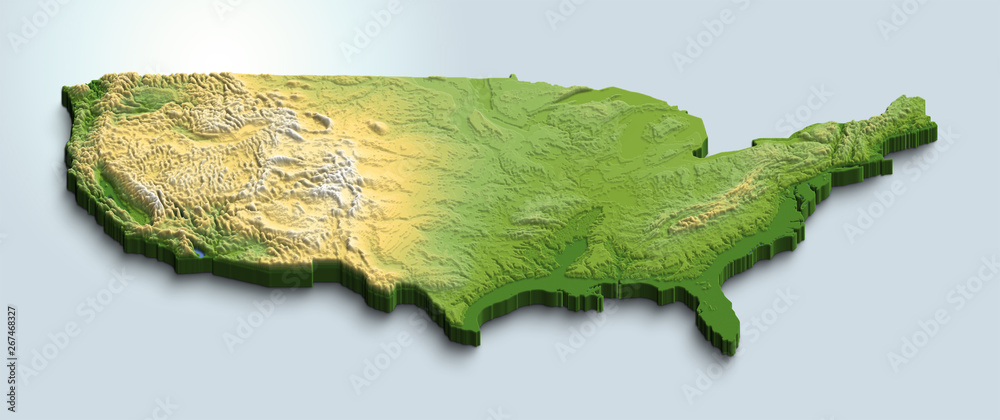 Relief map of USA with 3D effect. Isometric map of country. Clipped at ...
