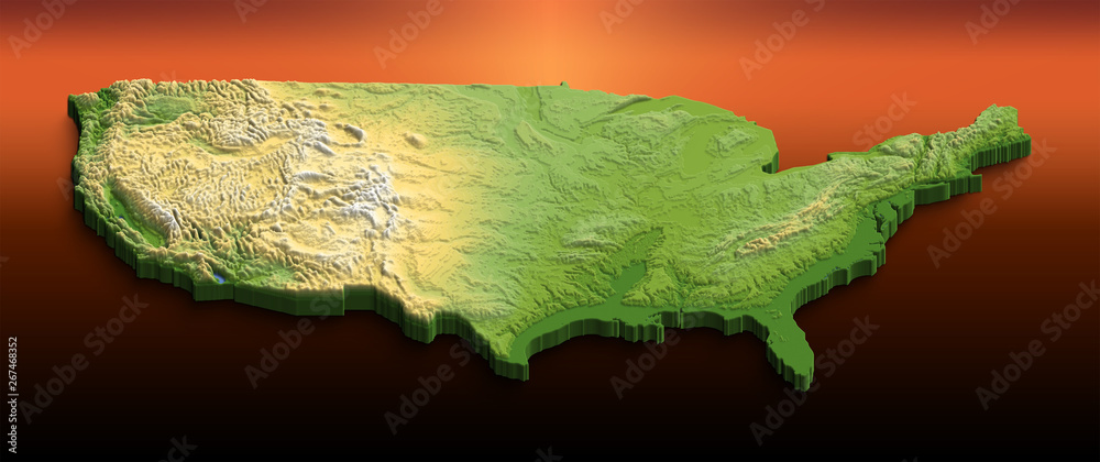 Relief map of USA with 3D effect. Isometric map of country. Clipped at ...