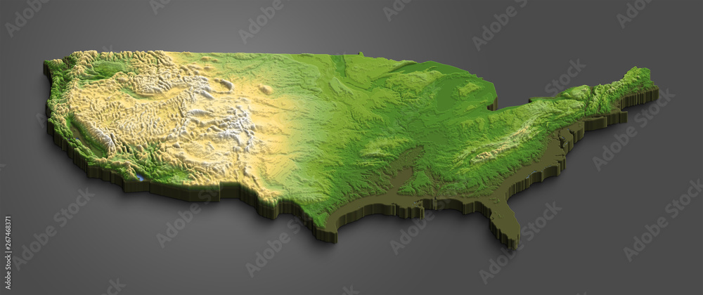 Relief map of USA with 3D effect. Isometric map of country. Clipped at ...