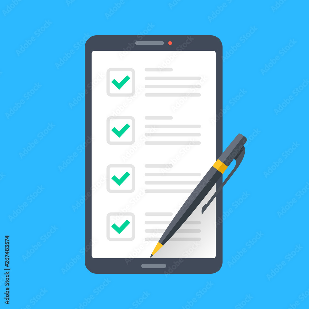 Smartphone with checklist and pen on screen. Online survey, exam ...