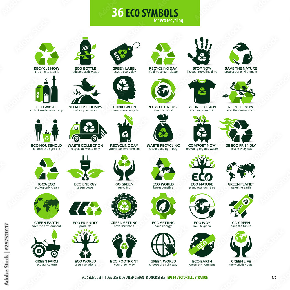 collections of eco friendly flat symbols, high detailed icons, graphic ...