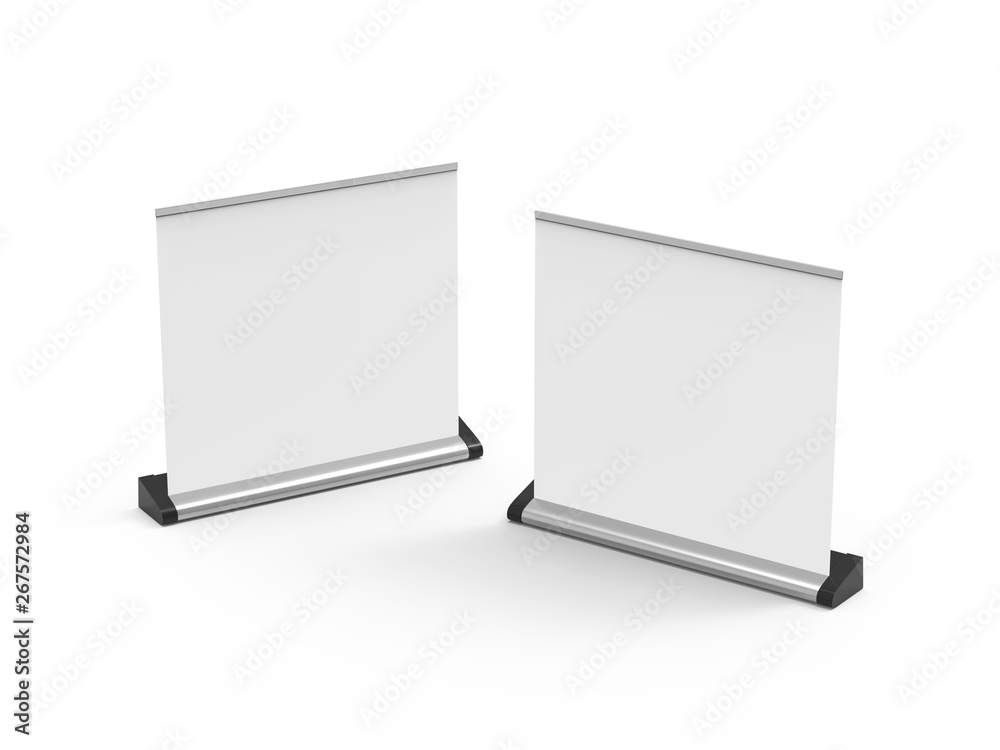 White wide blank roll-up banner mockup on isolated white background ...