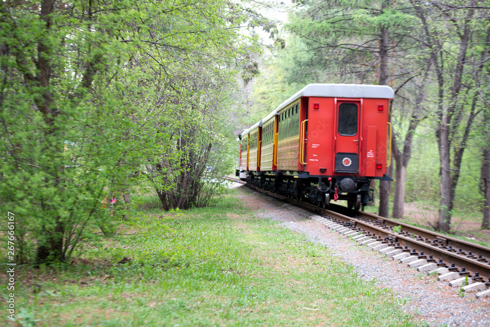 The back of the train with a red carriage at the end of the road ...