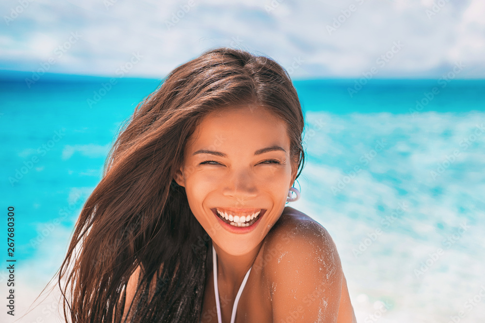 Asian beauty young beautiful smiling woman laughing on beach summer ...