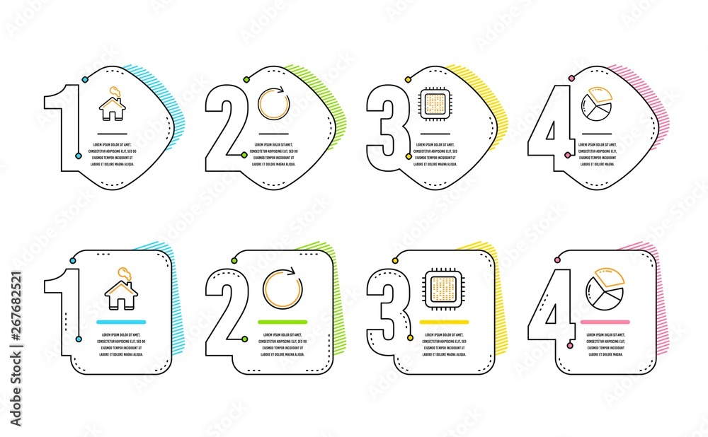 Cpu processor, Synchronize and Home icons simple set. Pie chart sign. Computer component ...