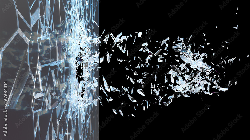 Abstract broken glass into pieces. Wall of glass shatters into small ...