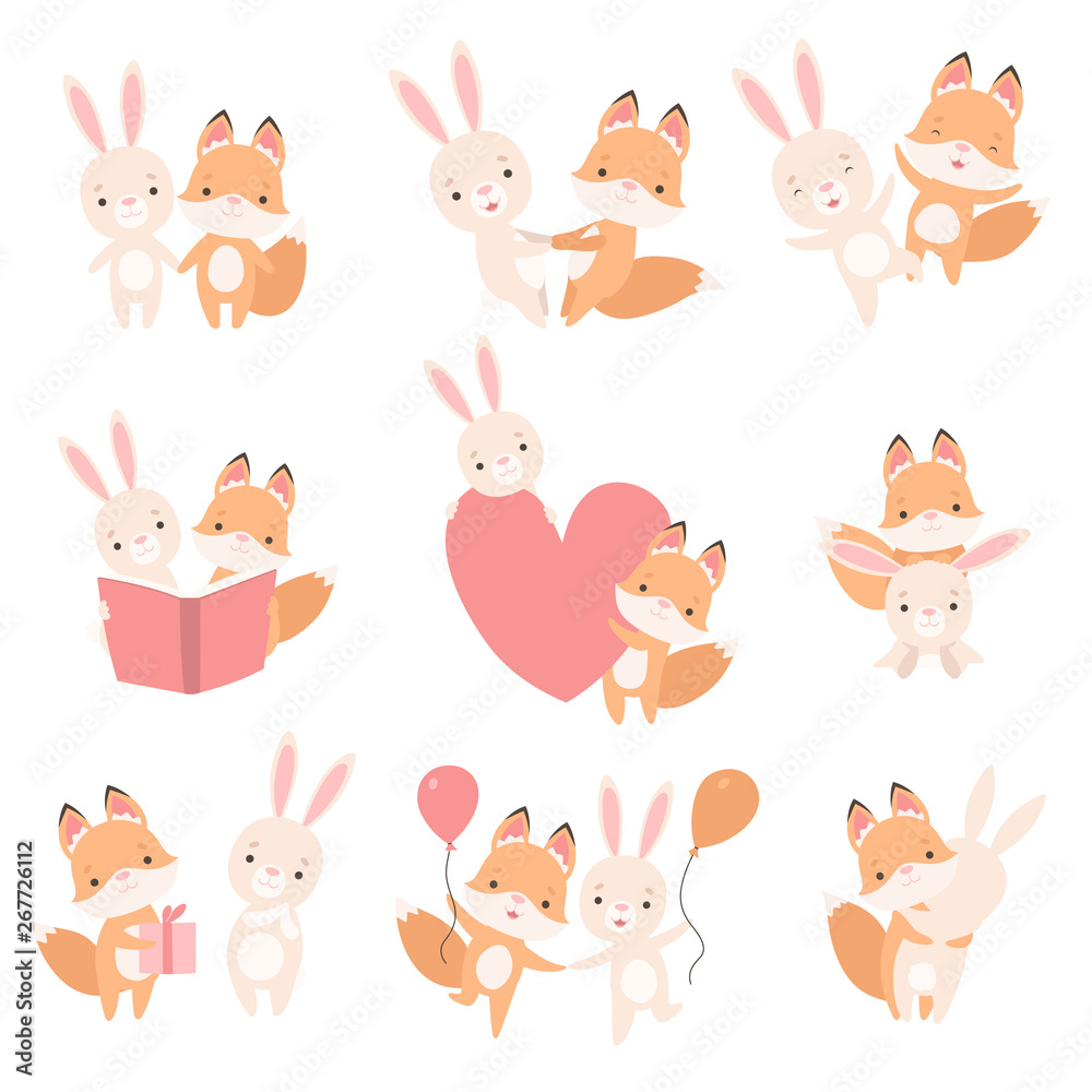 Lovely White Little Bunny and Fox Cub Having Fun Together Set, Cute Best Friends, Adorable ...