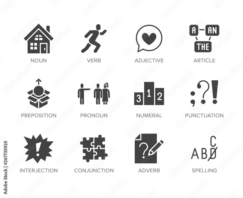Grammar, education flat glyph icons set. Parts of speech verb ...