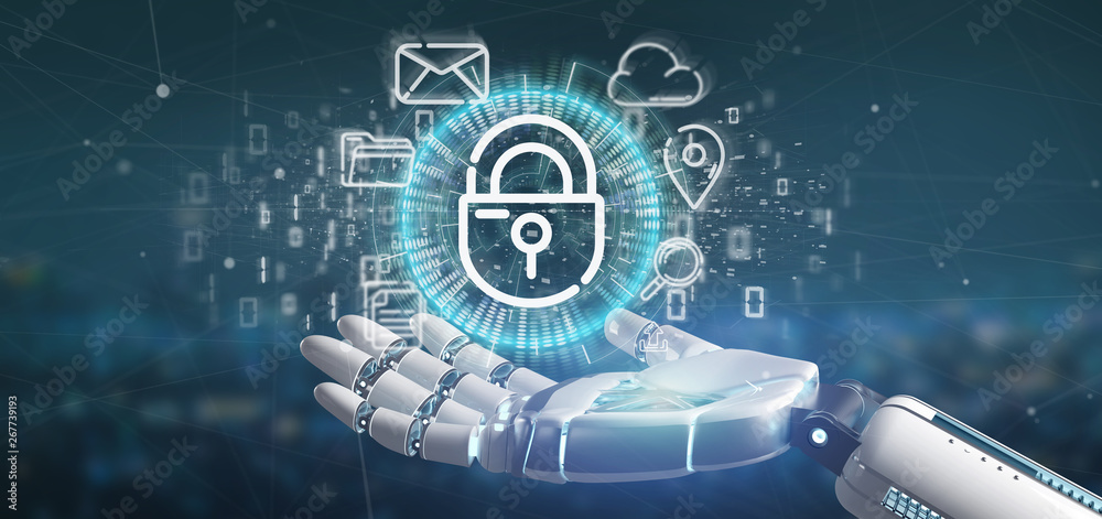 Cyborg holding a Security padlock wheel icon with multimedia and social ...