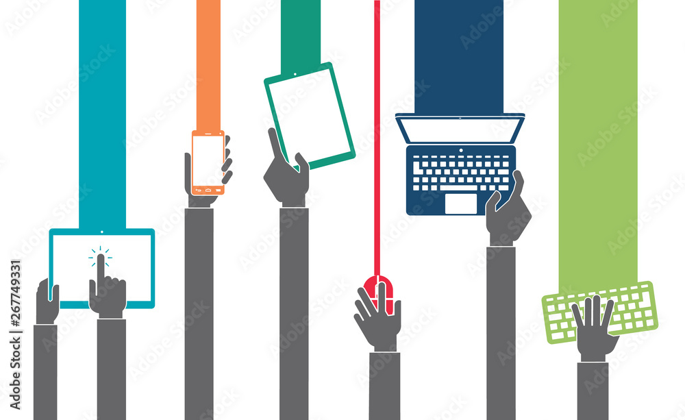 Vector set of hand icons holding various hi-tech computer and ...